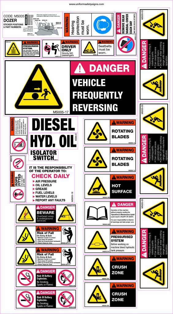 Machinery Sticker Sets - Dozer (25 Decals) | Safety Signs