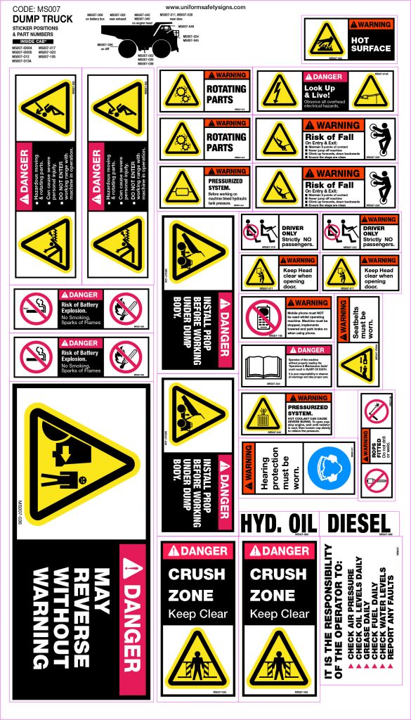 Machinery Sticker Sets - Dump Truck (28 Decals) Safety Signs