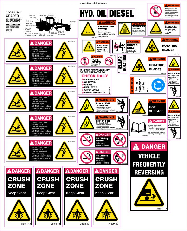 Machinery Sticker Sets - Grader (31 Decals) | Safety Signs