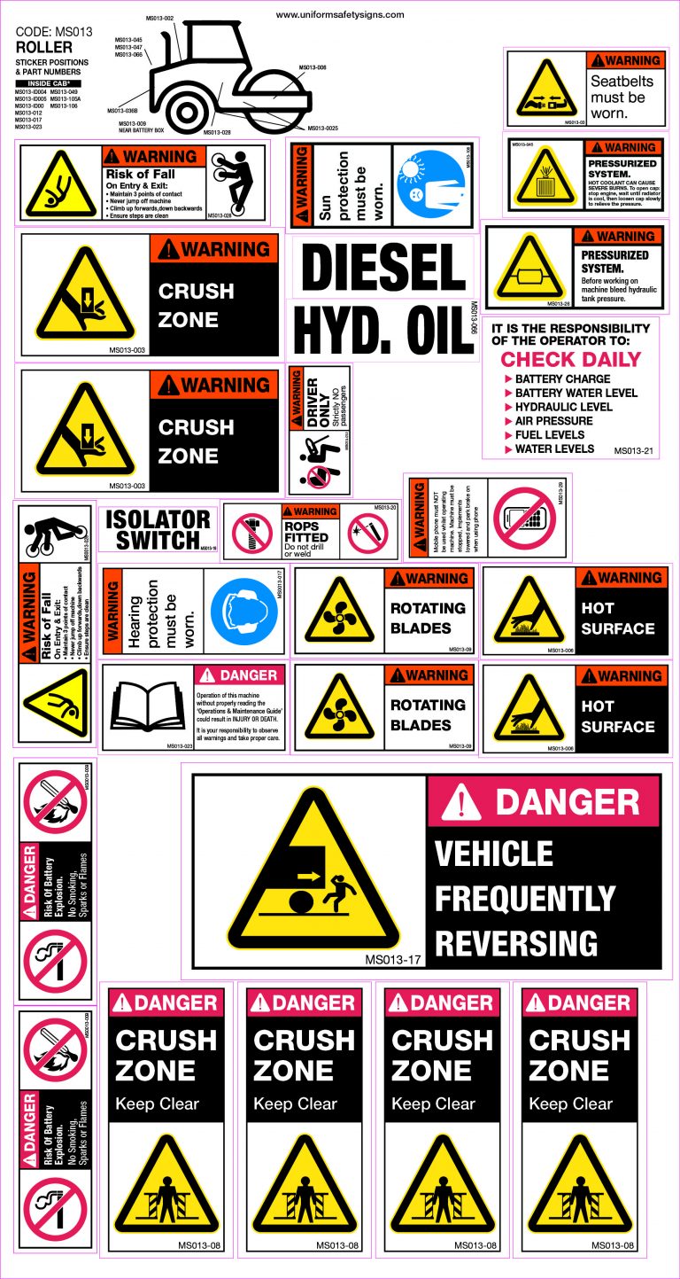 Machinery Sticker Sets - Roller (27 Decals) | Safety Signs